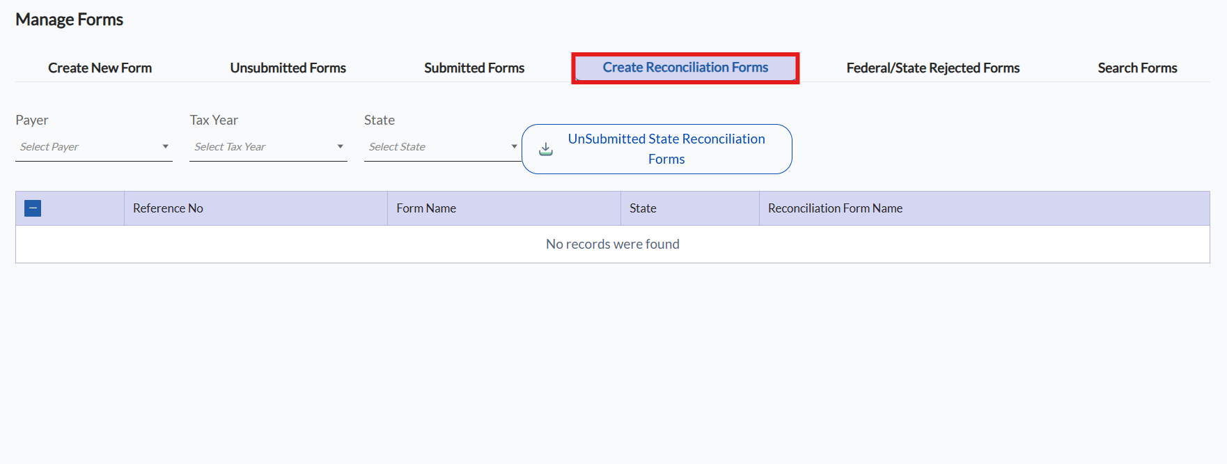Create Reconciliation Forms